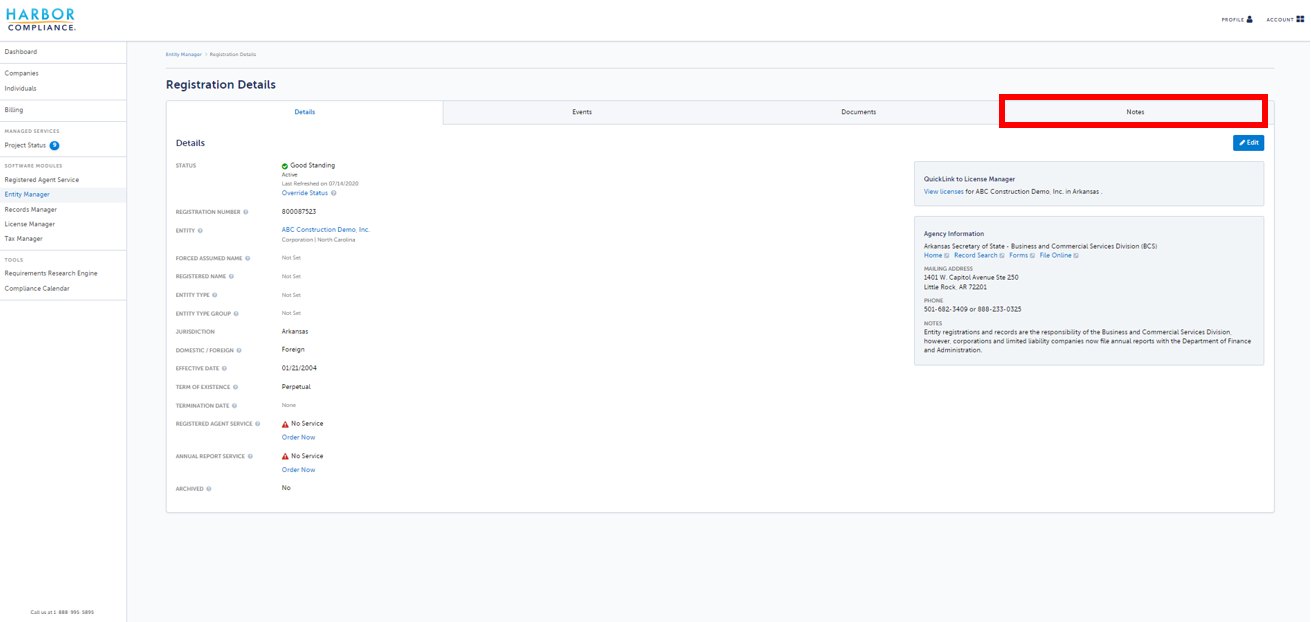 How to add a note to an entity registration